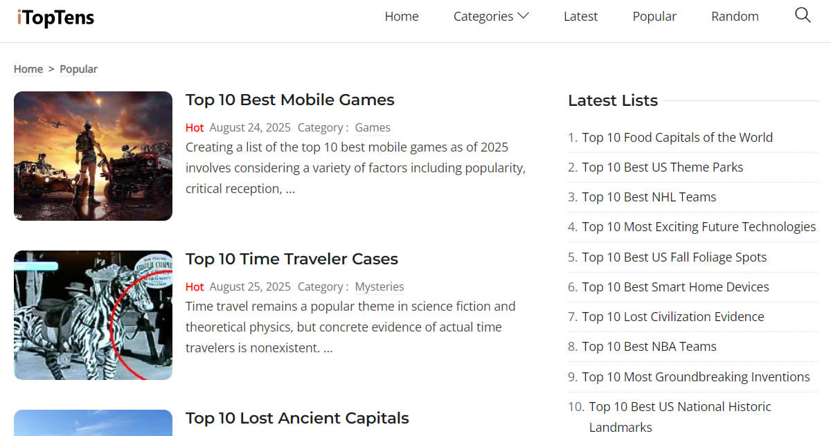 Popular Top Ten Lists - iTopTens